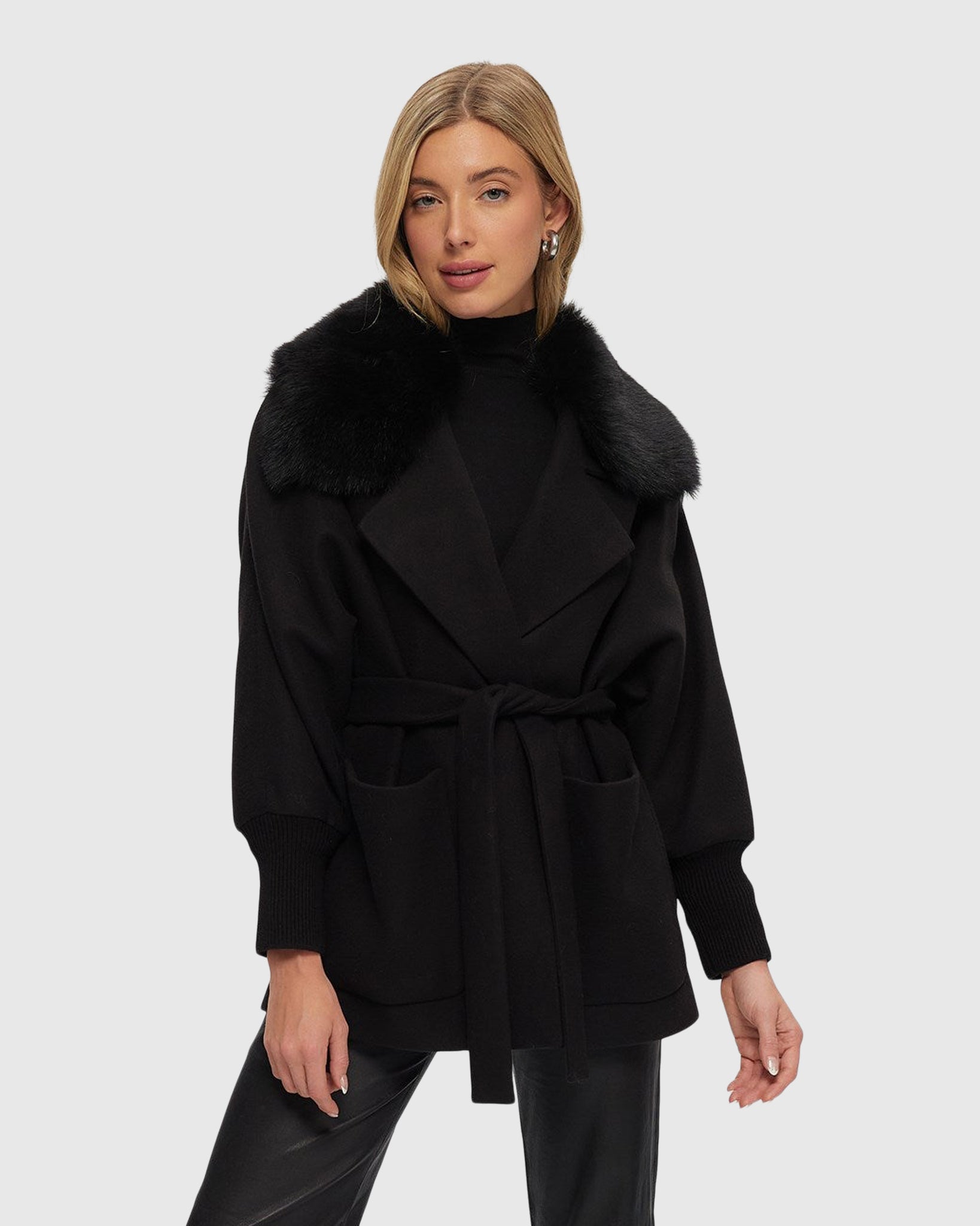 Fabric Jacket With Detachable Select Shearling Lamb Collar And Belt
