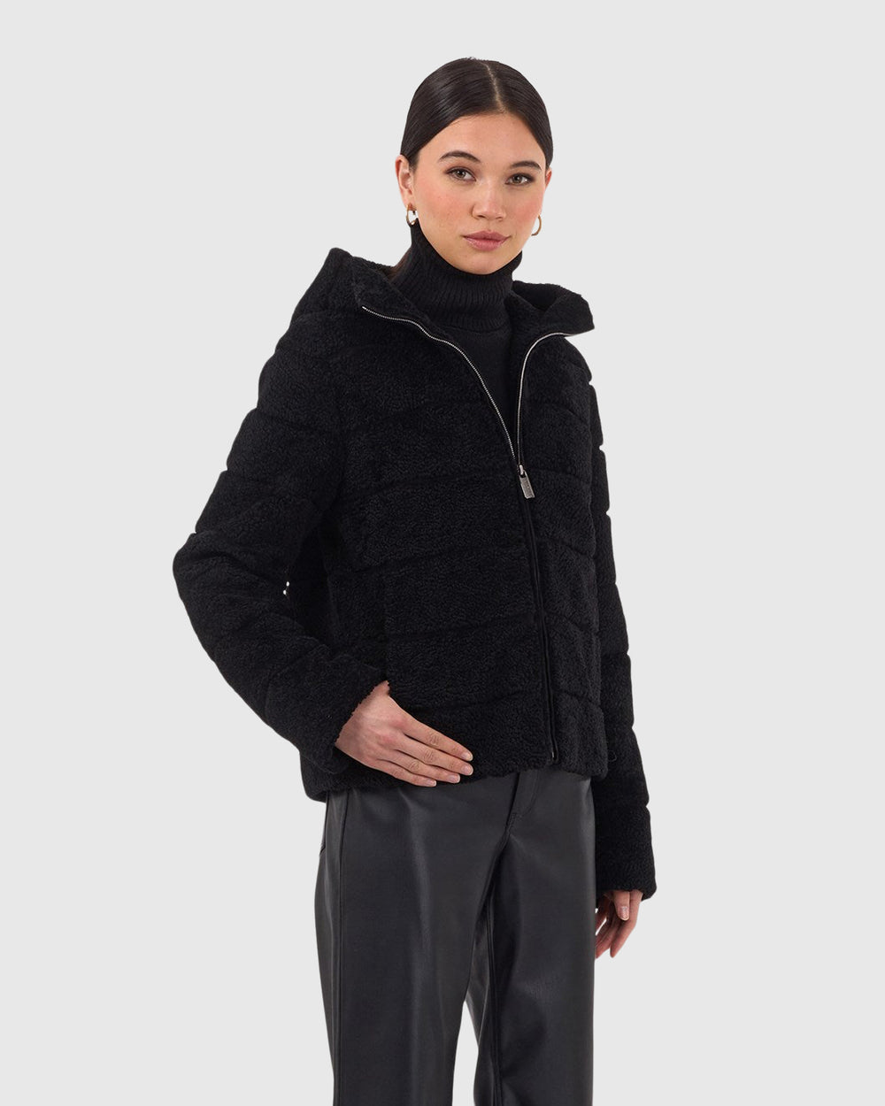 Horizontal Select Shearling Lamb Zip Jacket with Hood