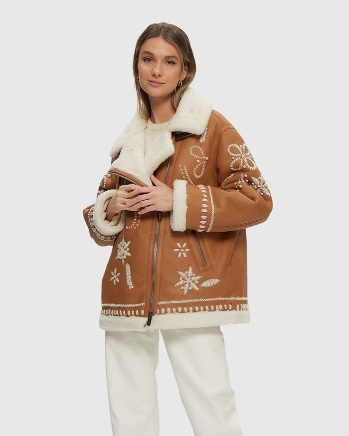 Merino Shearling Lamb Zip Jacket with Wool Embroidery