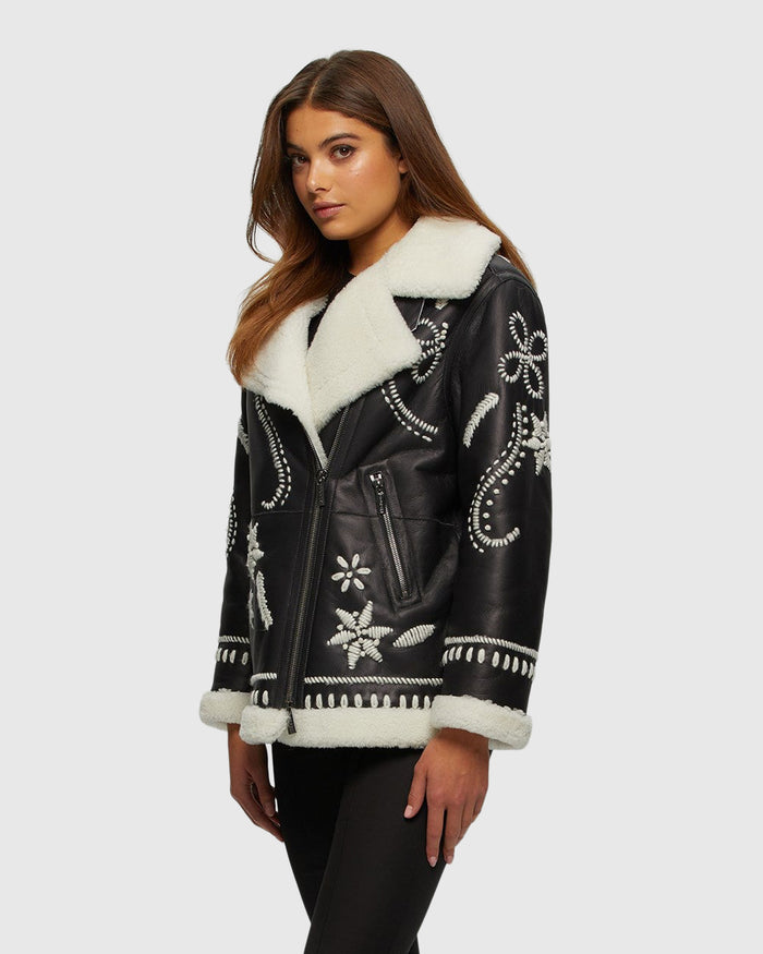 Merino Shearling Lamb Zip Jacket with Wool Embroidery