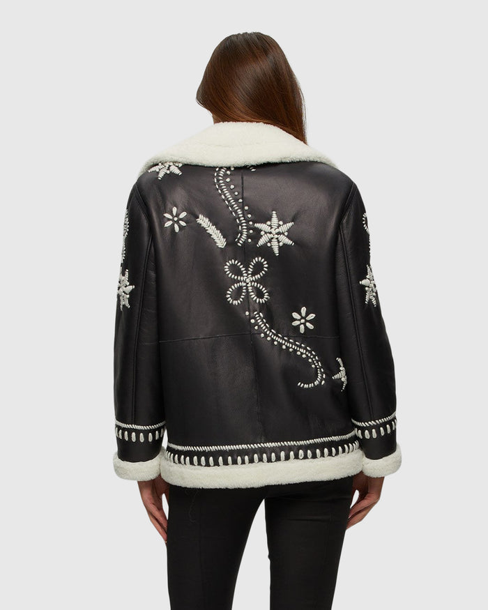 Merino Shearling Lamb Zip Jacket with Wool Embroidery