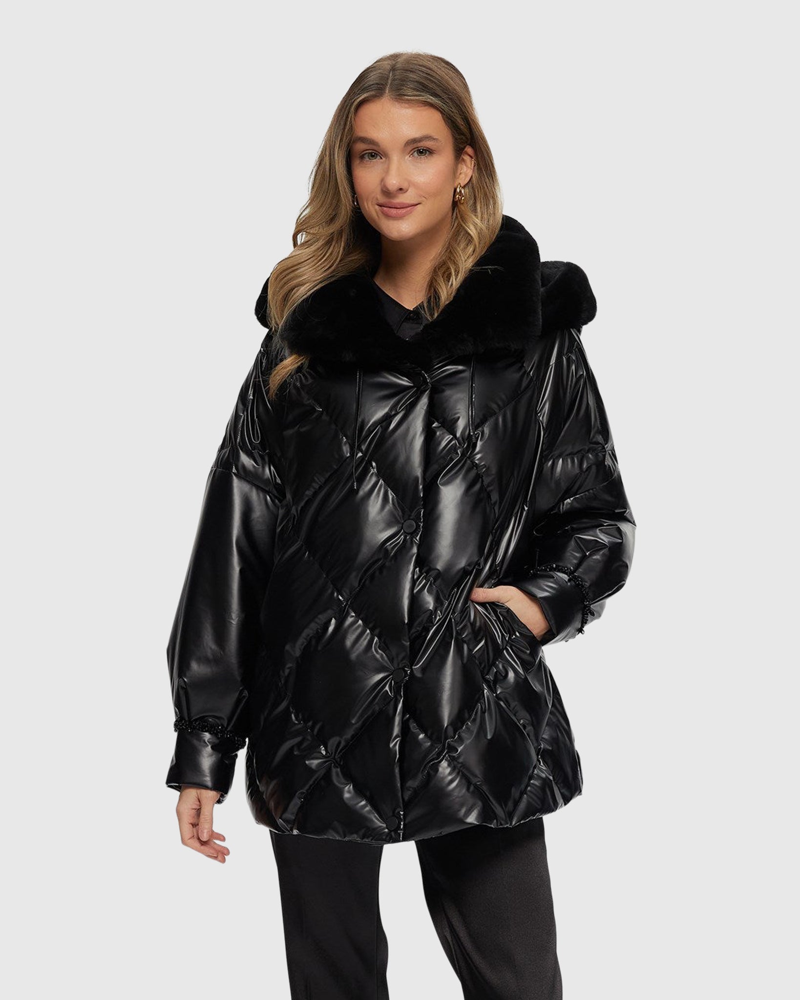 QUILTED PARKA WITH SHEARLING LAMB COLLAR & HOOD TRIM