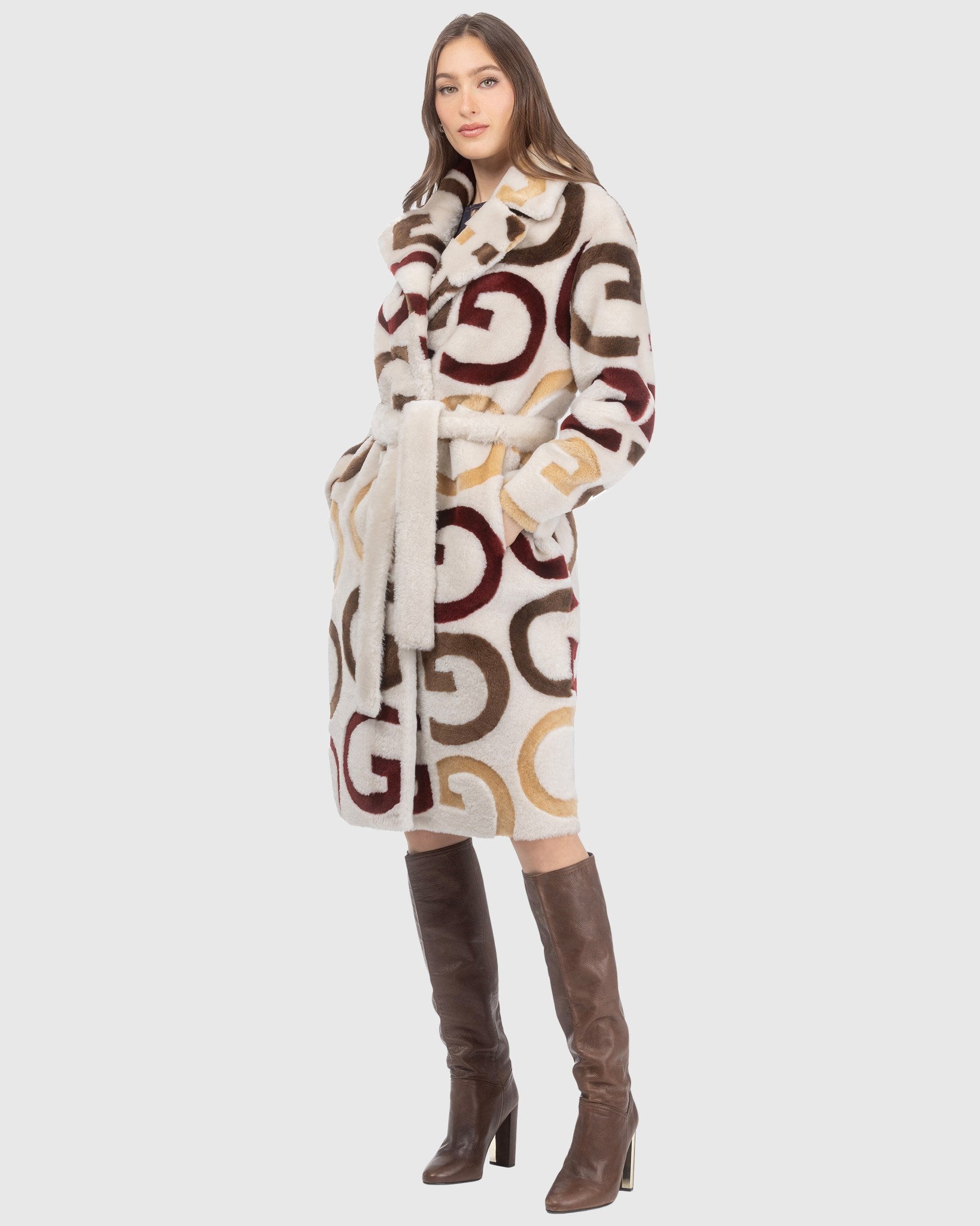 Reversible Merino Shearling Lamb G Intarsia Short Coat, Belt