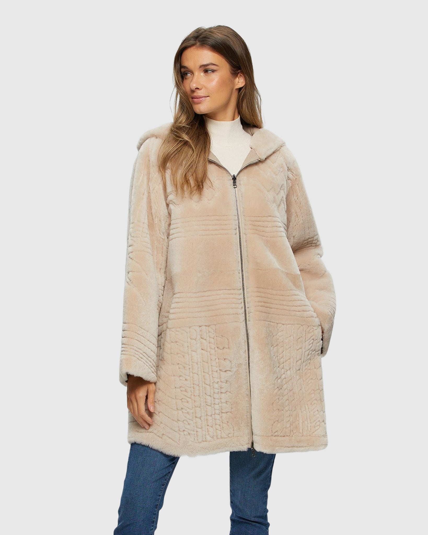Reversible Select Shearling Lamb Parka with Grooved Pattern