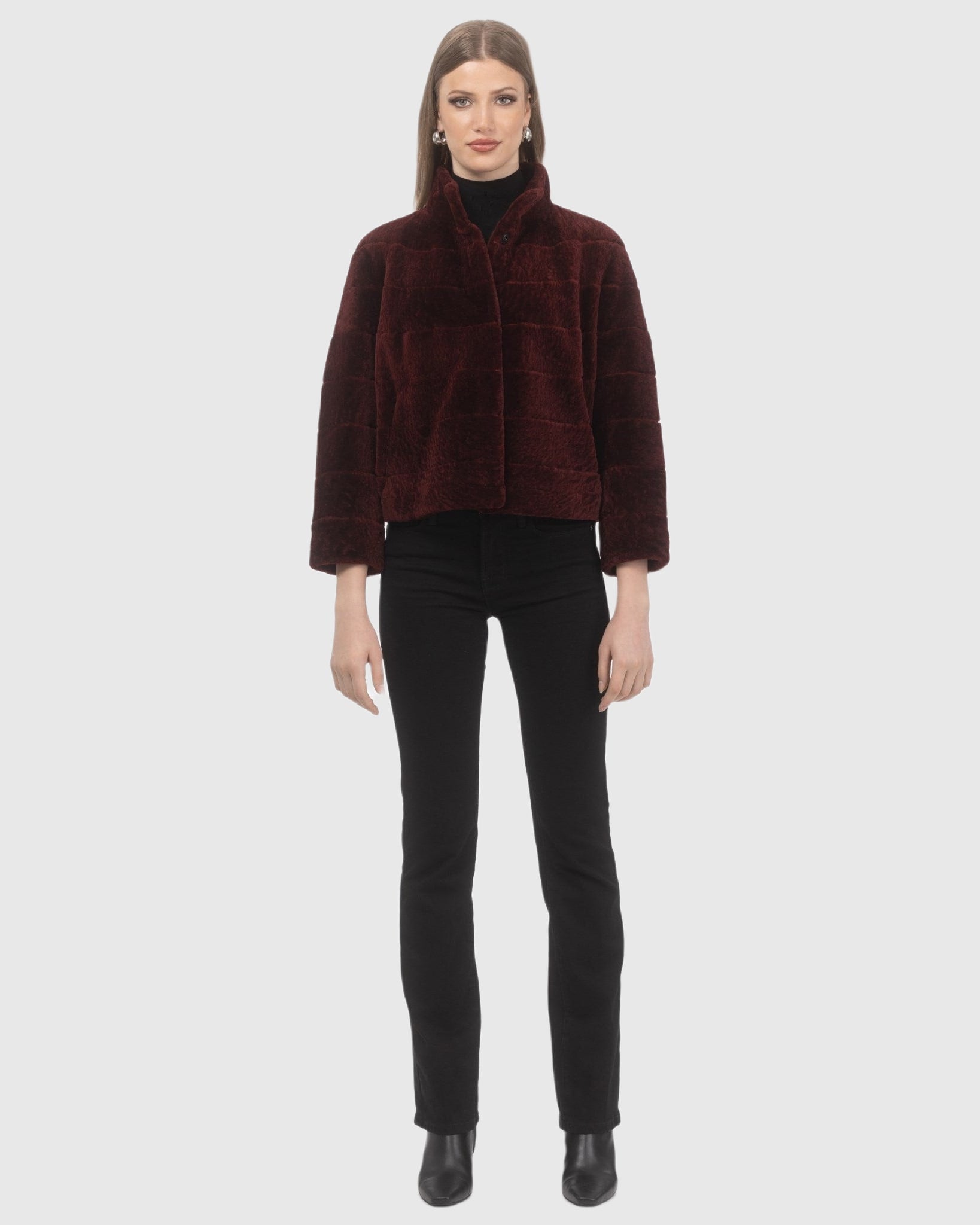 Reversible Textured Shearling Lamb Jacket with Cropped Sleeves