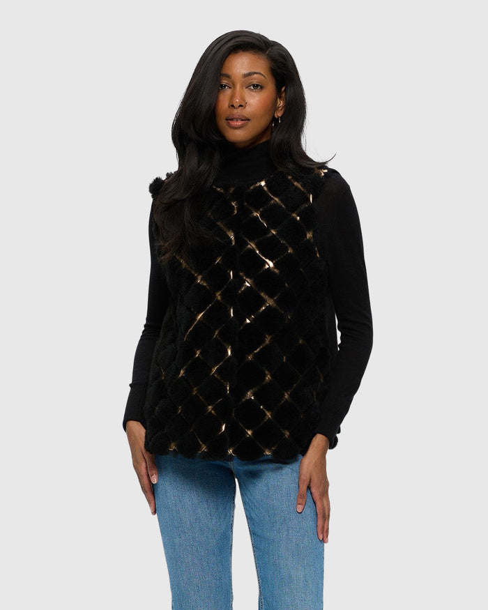 Sheared Cashmere Goat Collarless Vest with Leather Inserts and Cashmer