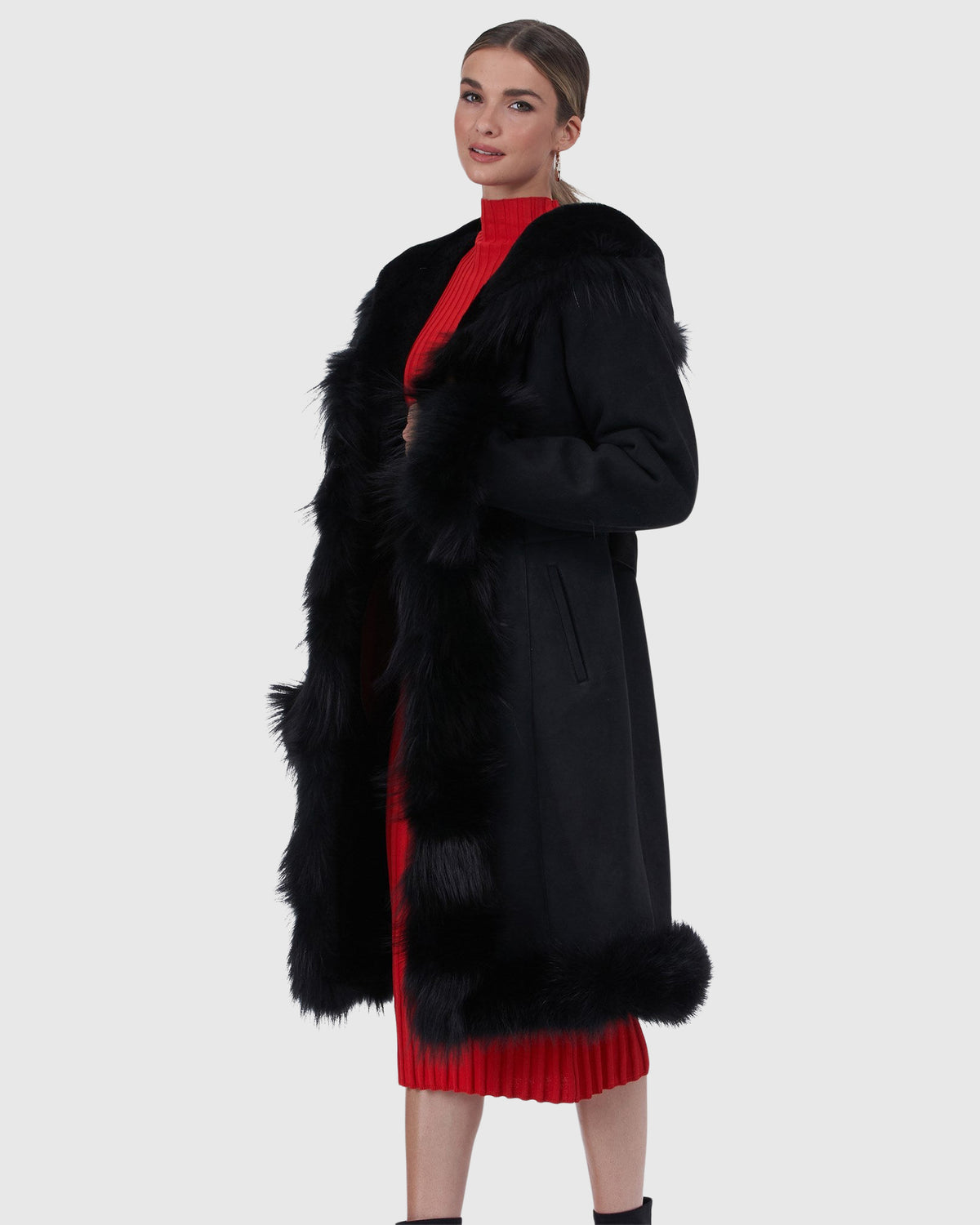 Shearling Lamb Short Coat with Fox Tuxedo Collar, Hood Trim, Cuffs and