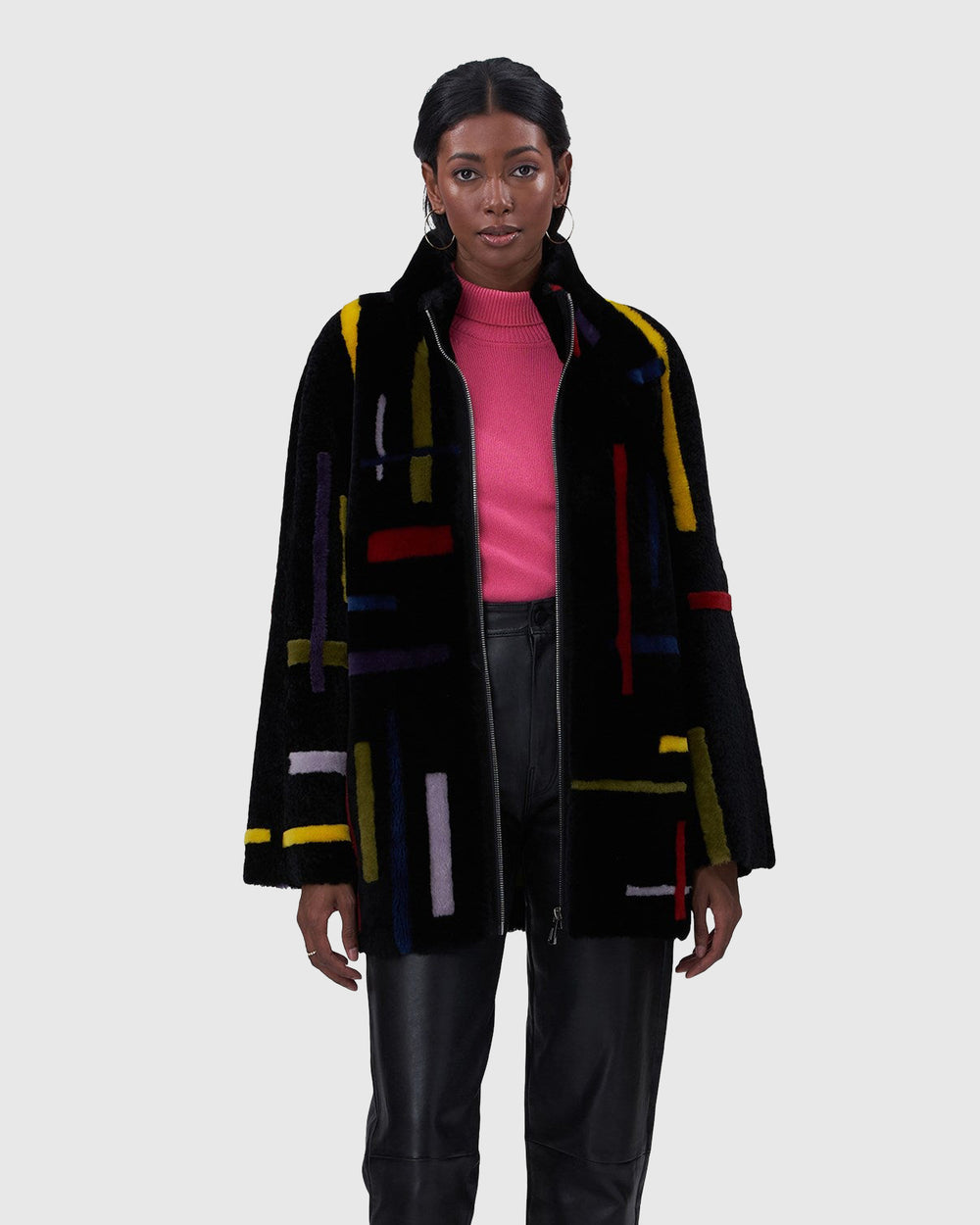 Shearling Lamb Zip Jacket with Abstract Intarsia