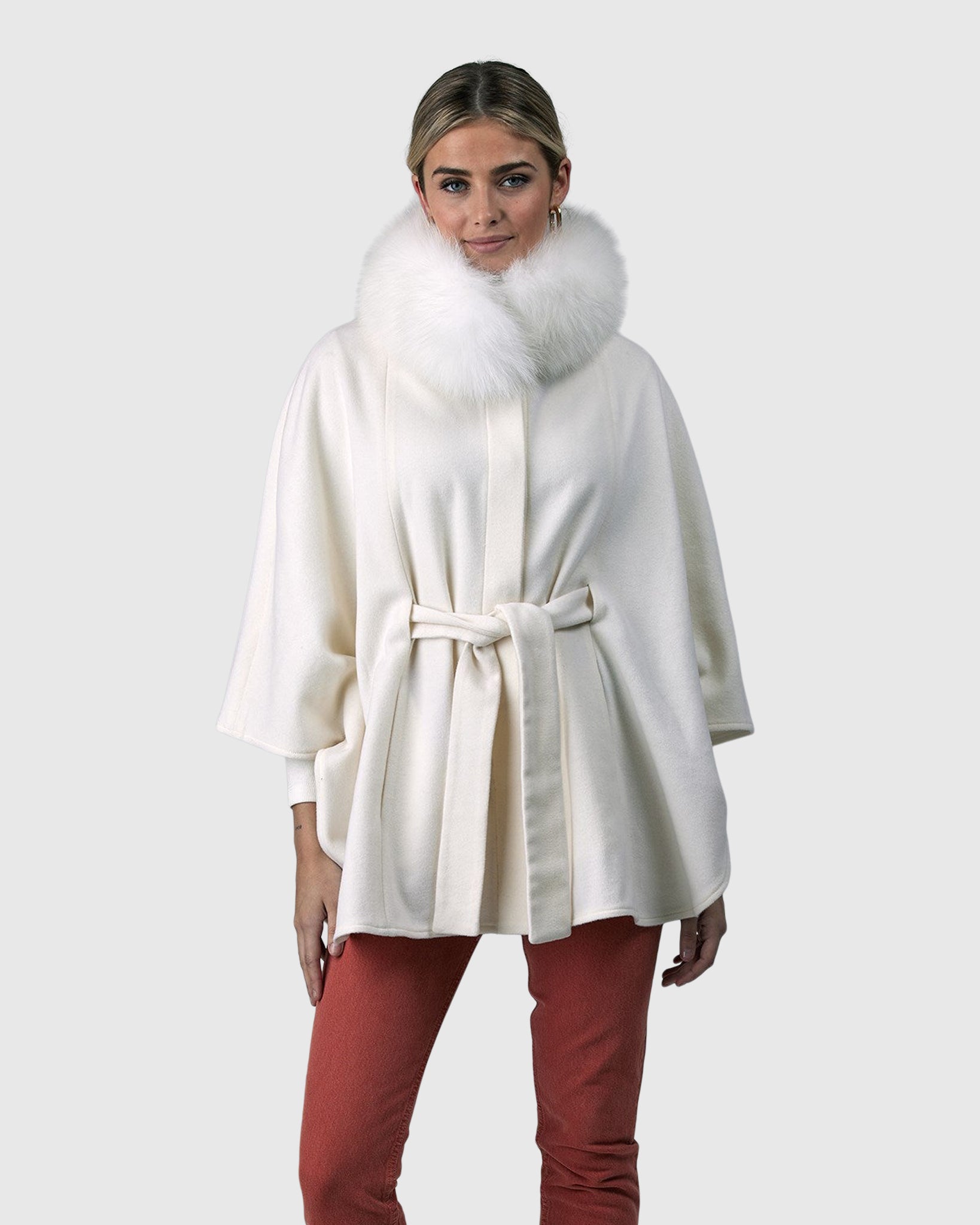 Wool Belted Cape with Shadow Fox Collar
