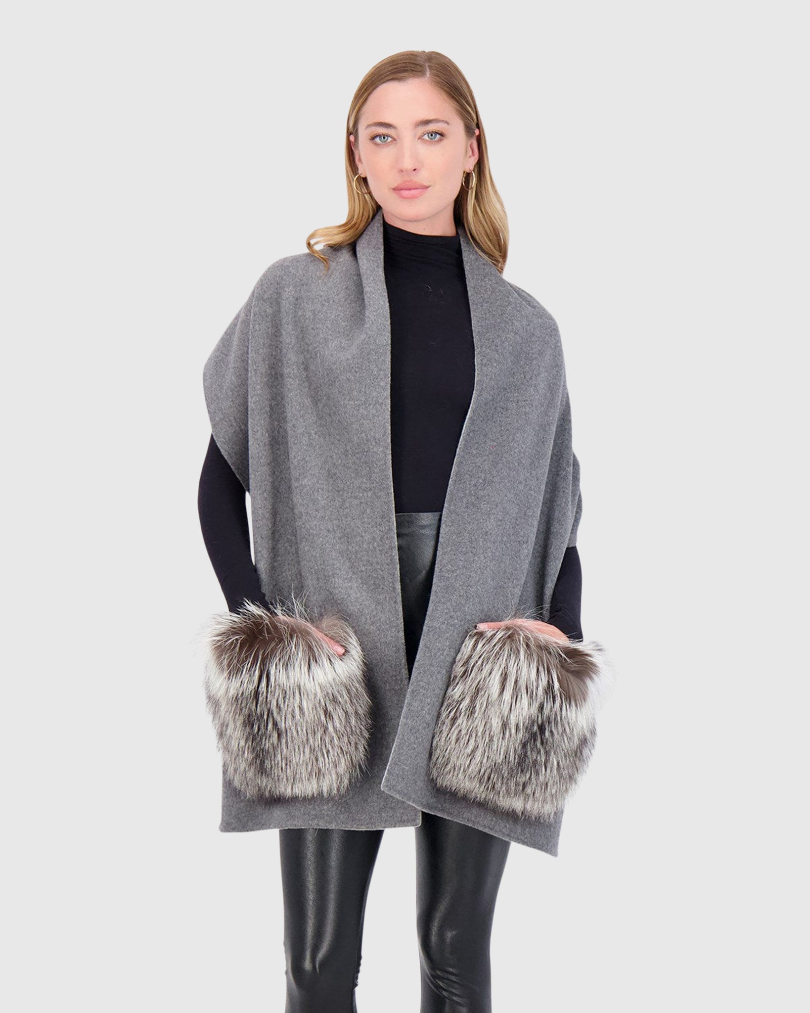 Wool Stole with Silver Fox Pockets